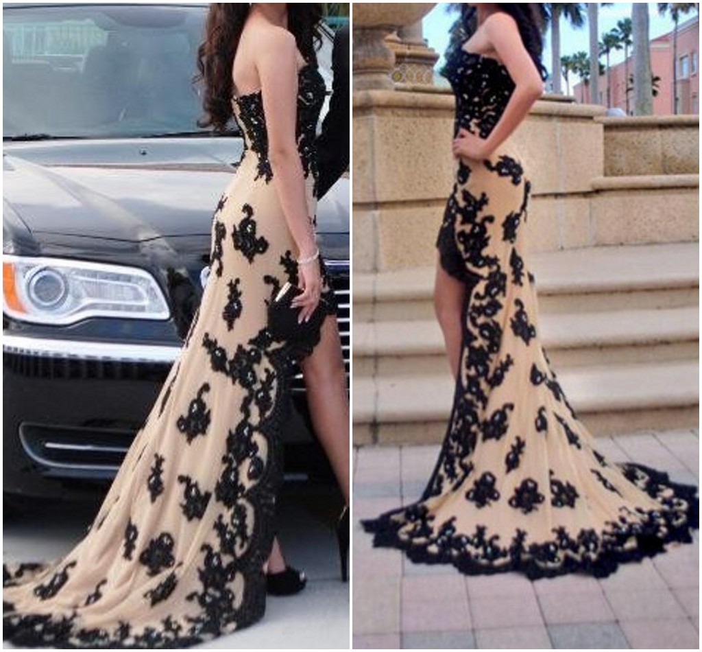 Gold Prom Dresses With Black Lace Appliques Short Front Long Back Prom ...